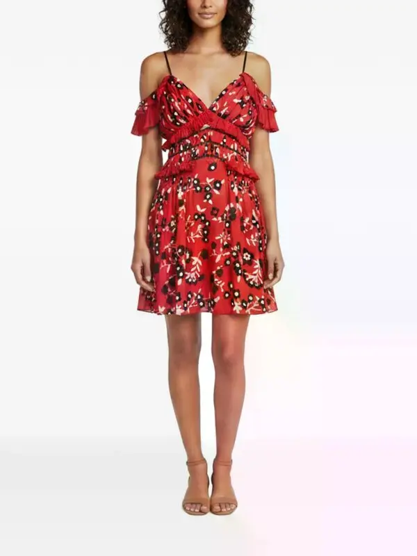 SELF-PORTRAIT Floral Print Ruffled Mini Dress - Red