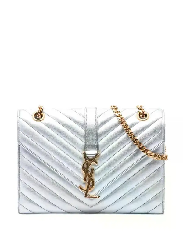 Saint Laurent Medium Chevron Metallic Calfskin Monogram Envelope Crossbody Bag - Silver