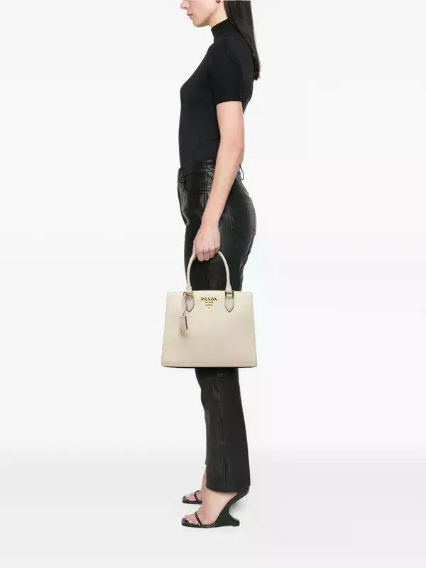 Prada Soft Calf Trimmed Saffiano Lux Satchel - White