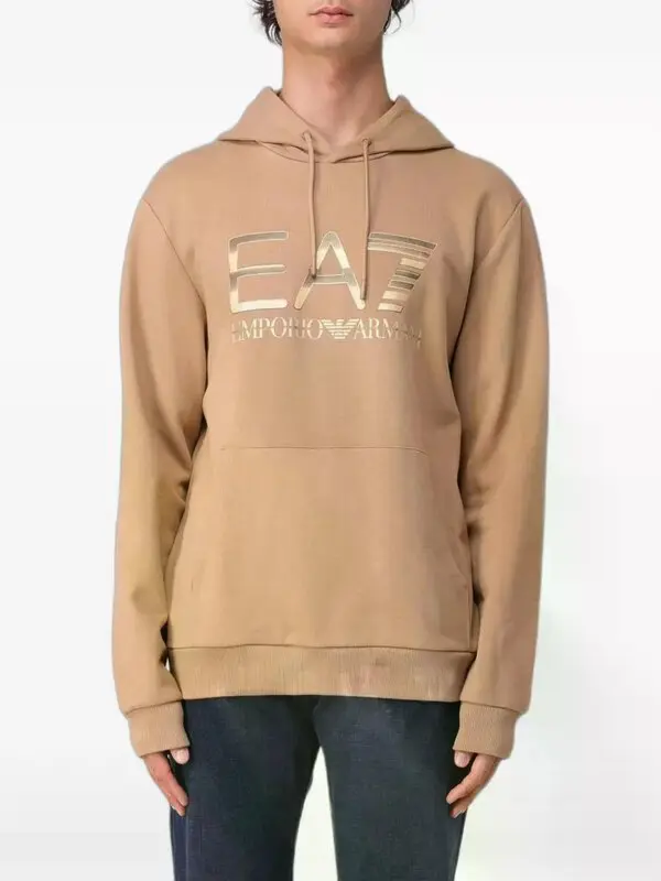 EA7 Logo Print Cotton Hoodie - Neutrals