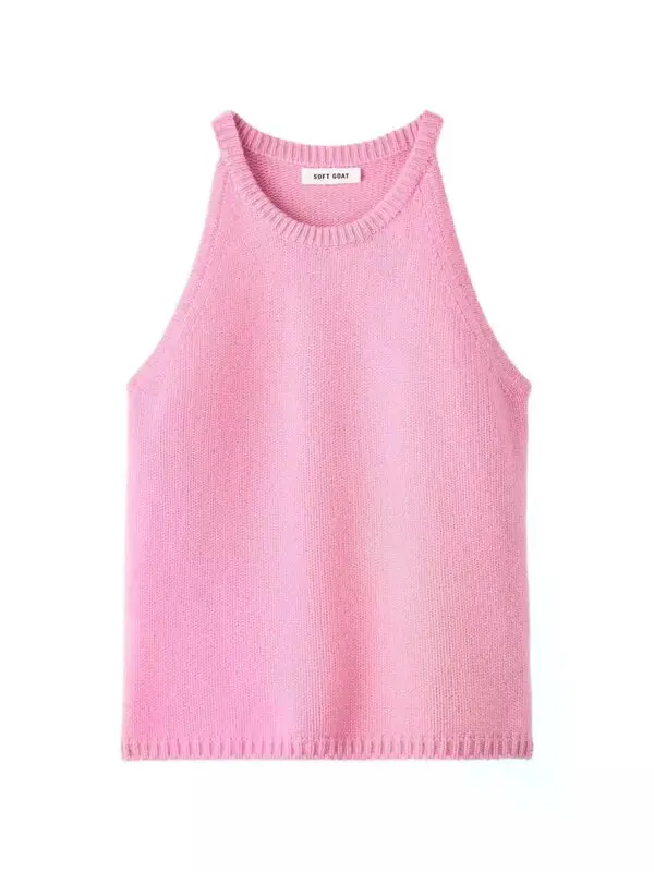 Soft Goat Ribbed Trim Knitted Halter Top - Pink