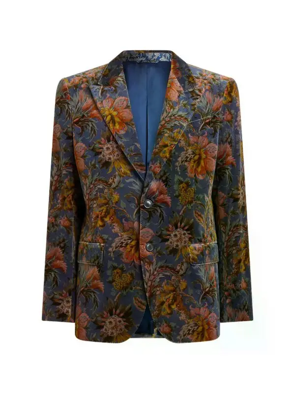 Etro Single-breasted Jacket In Stretch Cotton Velvet With Floral Motif - Blue