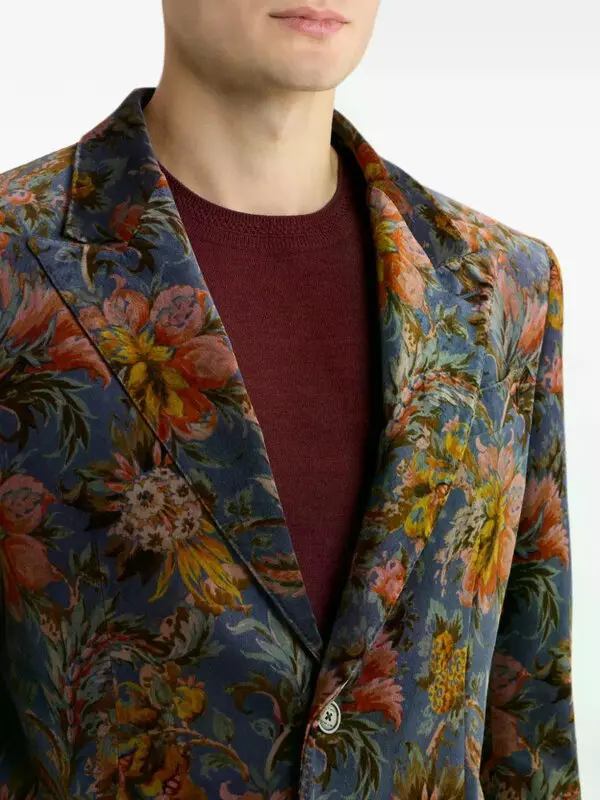 Etro Single-breasted Jacket In Stretch Cotton Velvet With Floral Motif - Blue