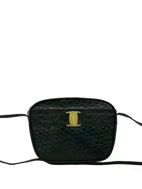 FERRAGAMO Croc Embossed Leather Vara Crossbody Bag - Black