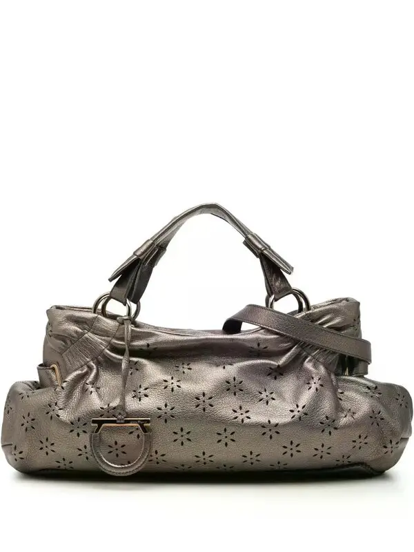 FERRAGAMO Perforated Metallic Calfskin Gancini Satchel - Brown