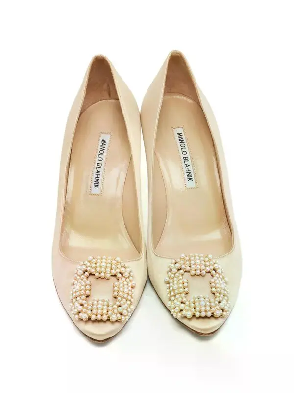 Manolo Blahnik Hangisi Pearl-embellished Heeled Pumps - Neutrals