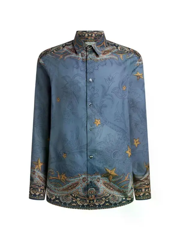 Etro Cotton Muslin Shirt With Placed Pegaso Print - Blue
