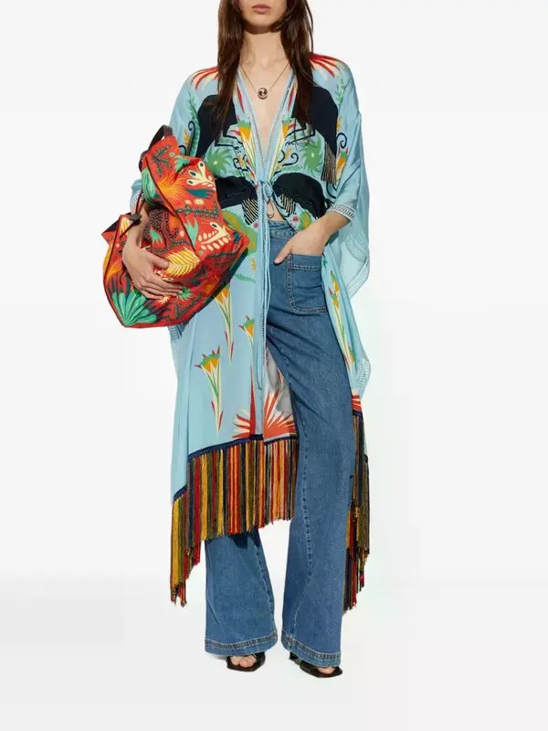Etro Bird-print Silk Kaftan With Fringe Trim - Blue