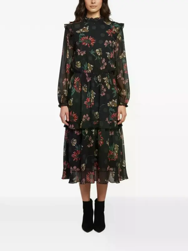 BOSS Floral Print High Neck Midi Dress - Black