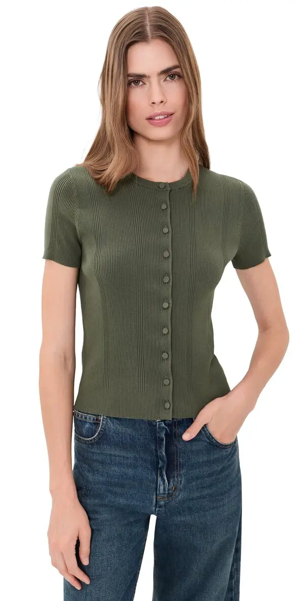 Vince Ribbed Short Sleeve Cardigan - Pine Grove