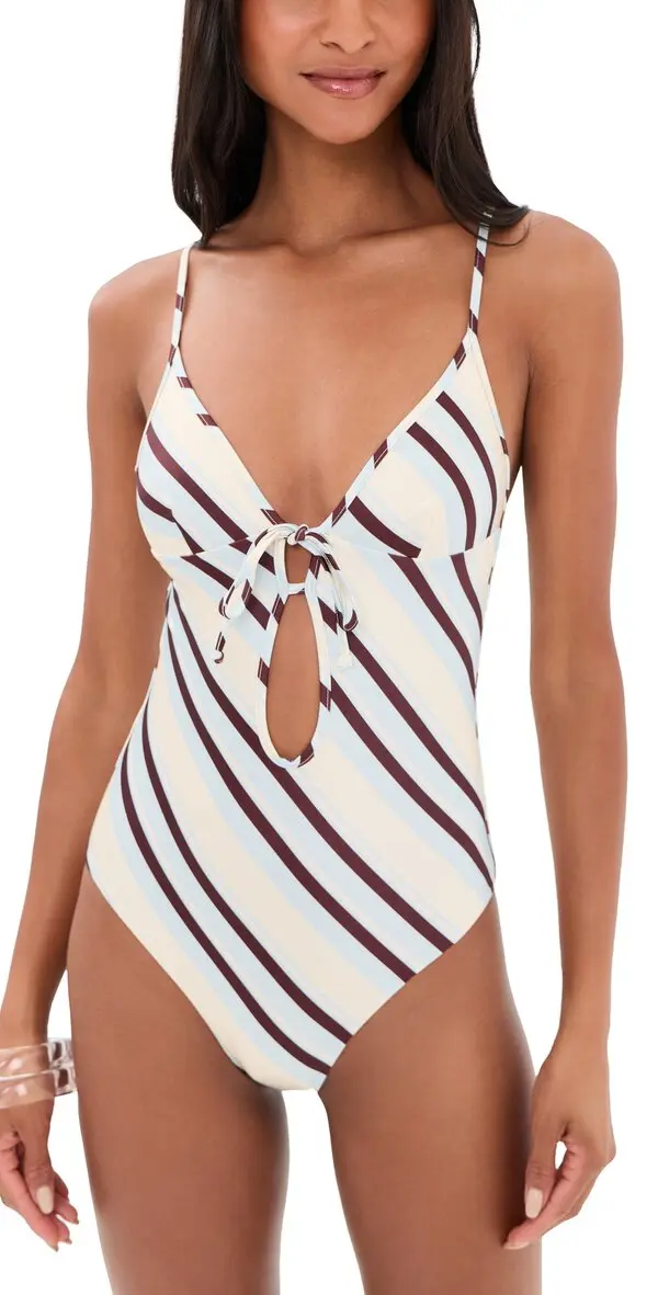 Onia Soleil One Piece Swimsuit With Front Cutout And Tie - Baby Blue Multi