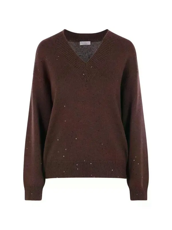 Brunello Cucinelli Sequin-embellished V-neck Sweater - Brown