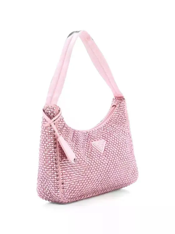 Prada Re-edition 2000 Crystal Embellished Satin Mini Hobo Bag - Pink