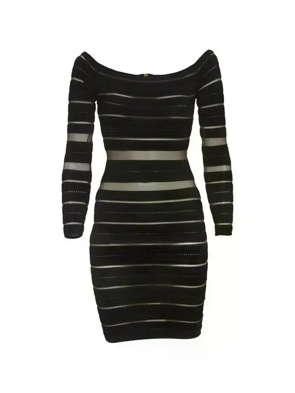 Balmain Sheer-striped Off-shoulder Mini Dress