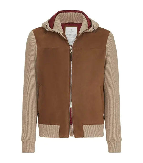 Brunello Cucinelli Ribbed Suede-panel Hooded Jacket - Brown