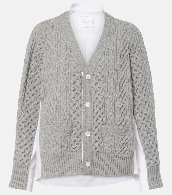 Sacai Cable-knit Wool And Poplin Cardigan - Grey