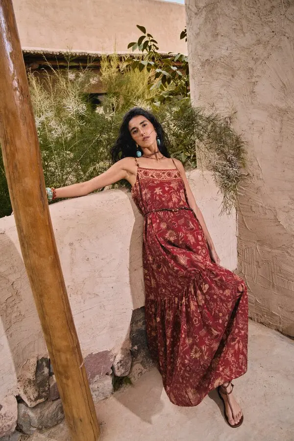 Fabrique Jules Handpainted Persian Floral Cami Maxi Dress - Red