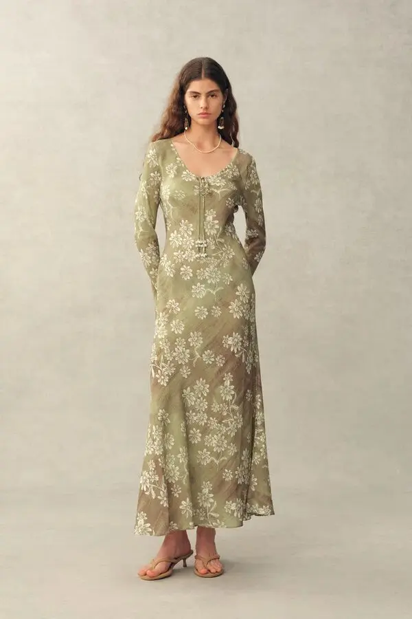 Fabrique Iris Handpainted Floral Long Sleeve Dress In Viscose