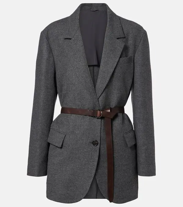 Brunello Cucinelli Belted Wool And Cashmere Blazer - Grey