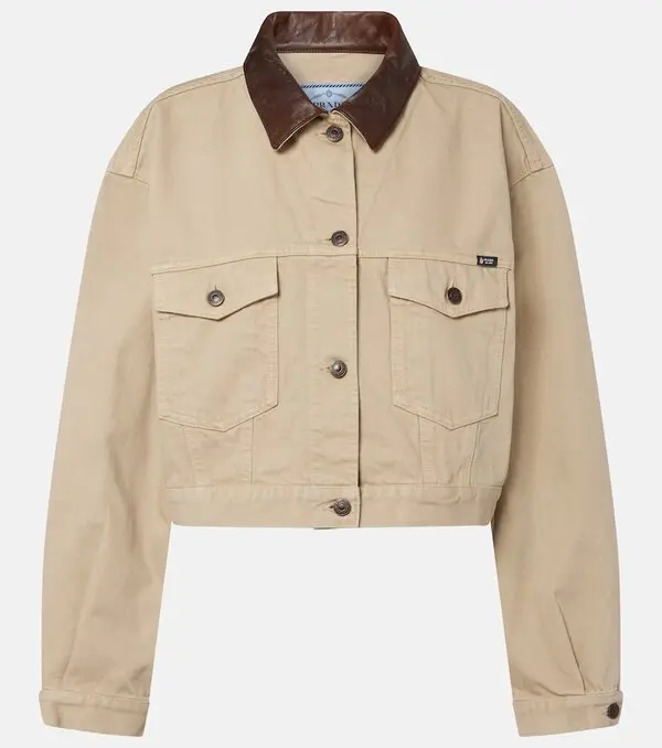 Prada Leather-trimmed Cropped Denim Jacket