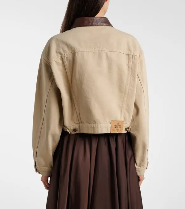 Prada Leather-trimmed Cropped Denim Jacket