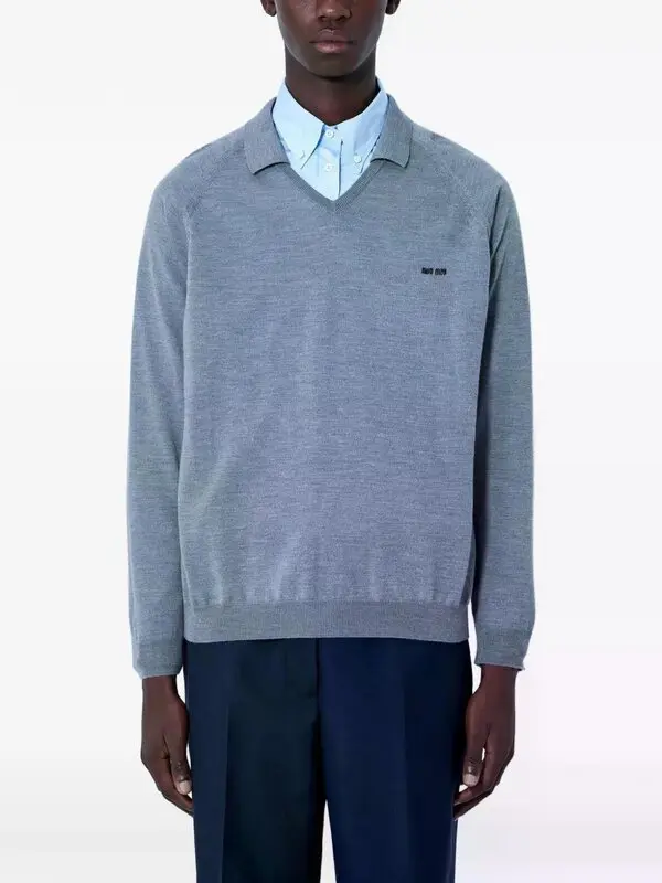 Miu Miu V-neck Wool Sweater With Logo Embroidery