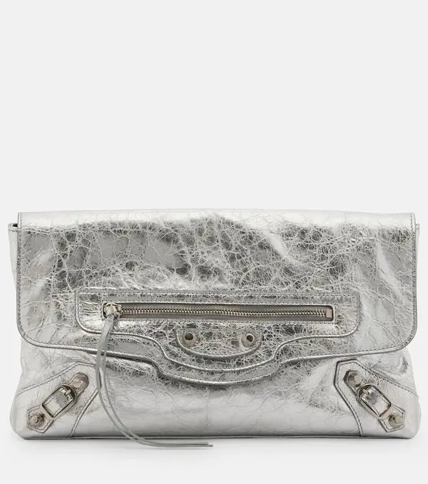Balenciaga Le City Metallic Leather Clutch - Silver