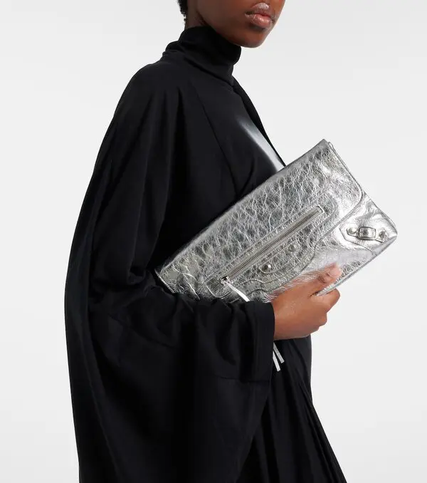 Balenciaga Le City Metallic Leather Clutch - Silver