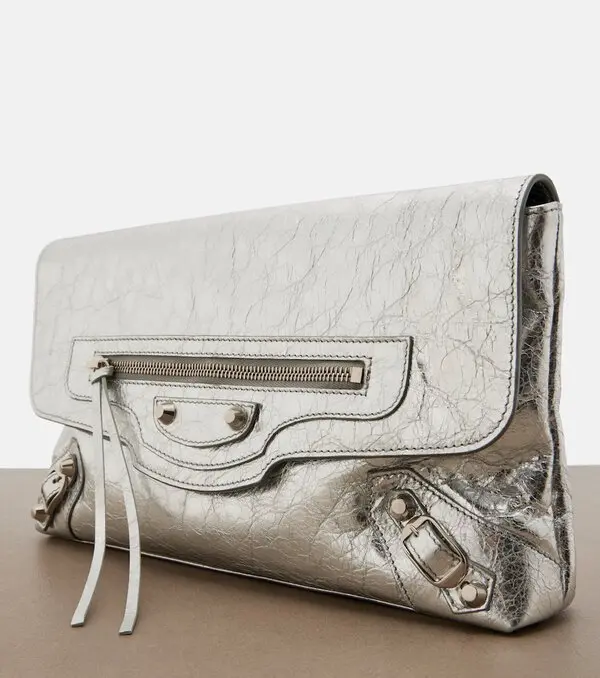 Balenciaga Le City Metallic Leather Clutch - Silver