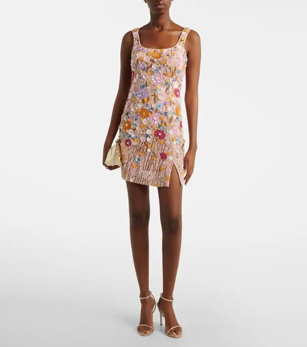 LA FUORI Embellished Floral Appliqué Silk Minidress