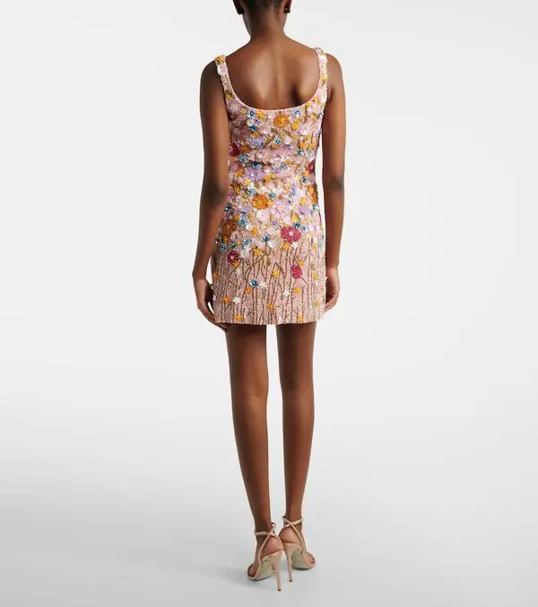 LA FUORI Embellished Floral Appliqué Silk Minidress