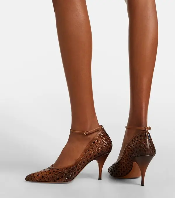Miu Miu Woven Leather Pointed Toe Pumps With Ankle Strap - Brown