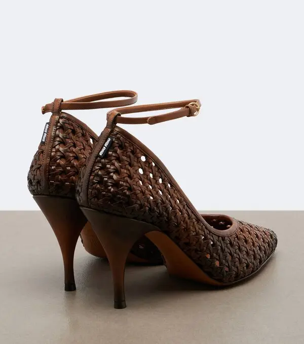 Miu Miu Woven Leather Pointed Toe Pumps With Ankle Strap - Brown