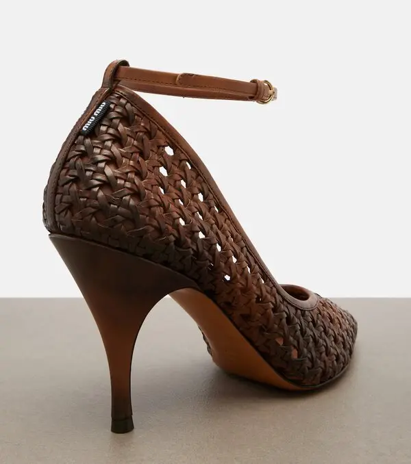 Miu Miu Woven Leather Pointed Toe Pumps With Ankle Strap