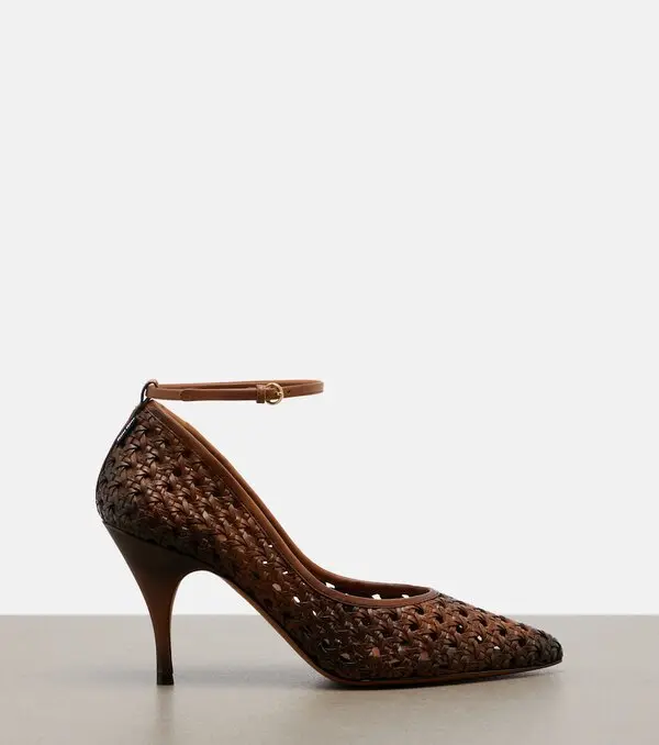 Miu Miu Woven Leather Pointed Toe Pumps With Ankle Strap