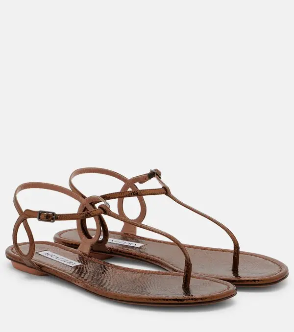 AQUAZZURA Dark Bronze Leather Thong Sandals