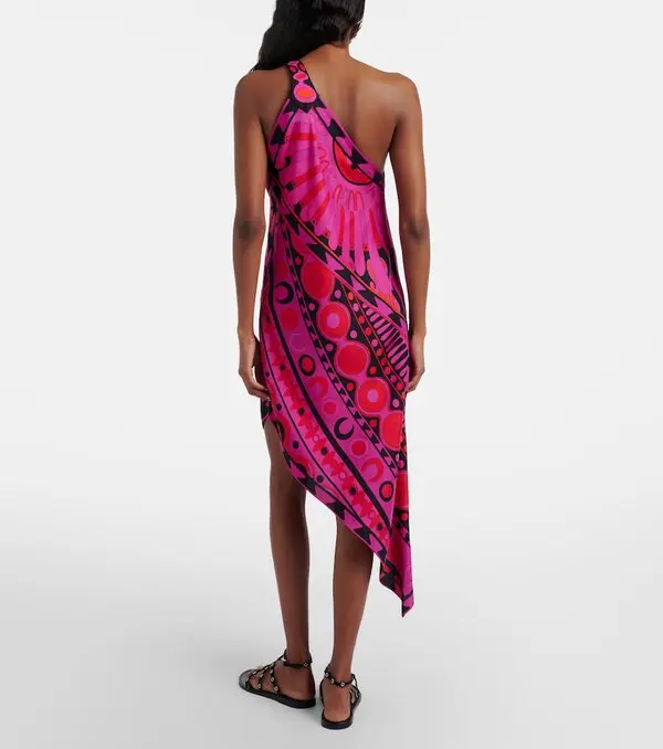 Emilio Pucci Asymmetric Silk Twill Midi Dress In Fuchsia Black
