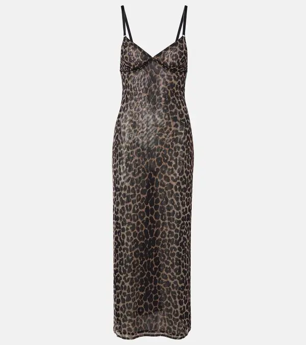 Saint Laurent Leopard-print Tulle Slip Dress - Brown