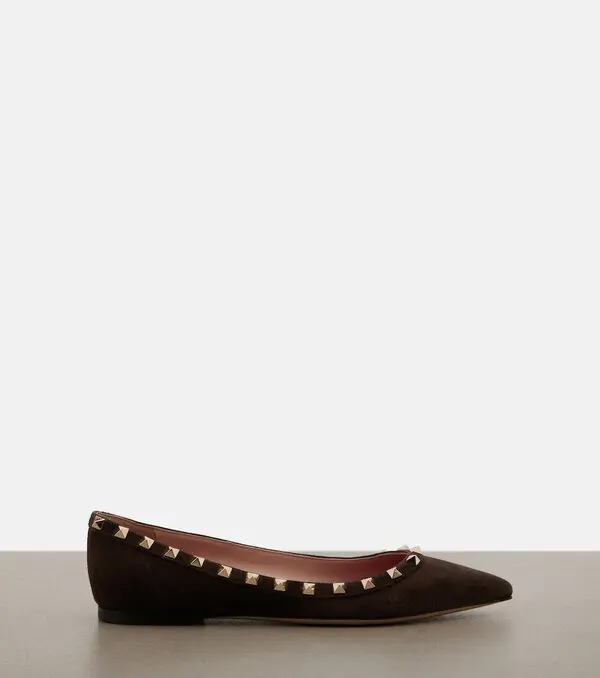 Valentino Garavani Rockstud Suede Ballet Flats - Brown