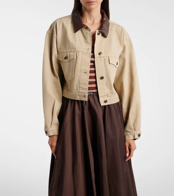 Prada Cropped Leather-trimmed Denim Jacket - Beige