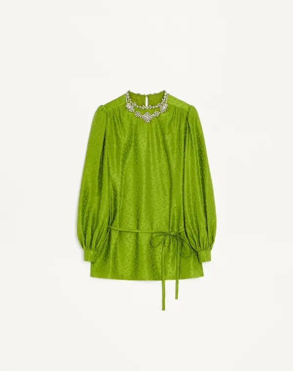 Valentino Garavani Silk-linen Jacquard Top With Rhinestone Embroidery - Avocado