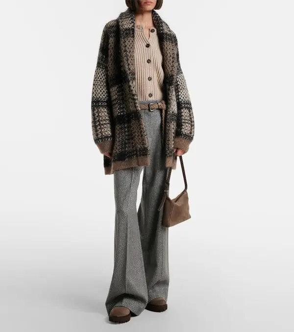 Brunello Cucinelli Monili Herringbone Wool-blend Wide-leg Pants