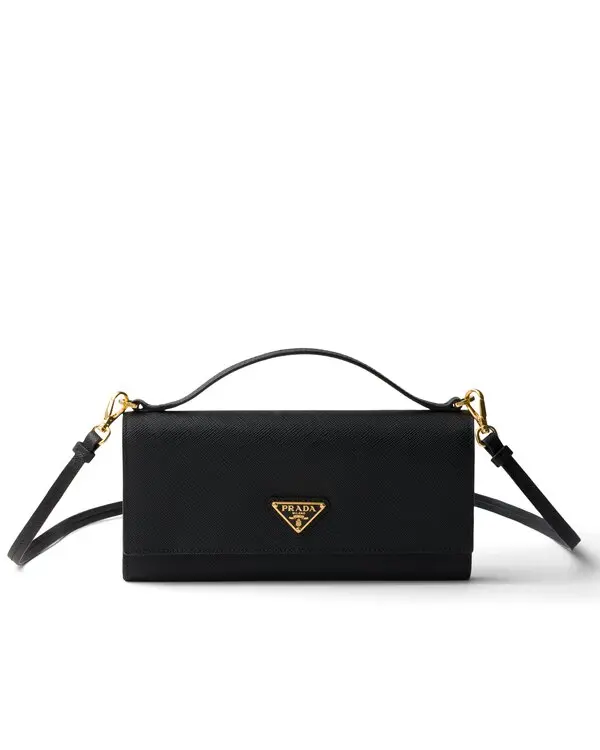 Prada Saffiano Leather Wallet With Shoulder Strap - Black