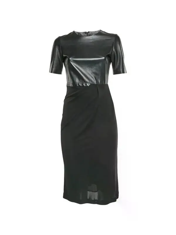 Gucci Leather Bodice Draped Midi Dress With Short Sleeves And Round Neck - Black
