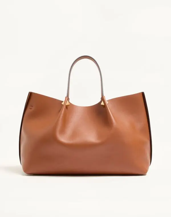 Valentino Garavani Large Soft Leather Shopping Bag With Maxi Studs - Hazelnut