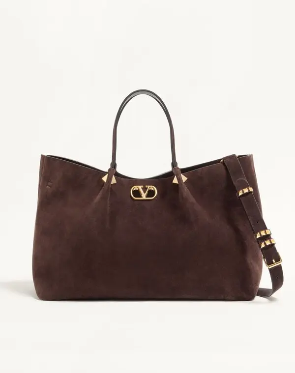 Valentino Garavani Large Shopping Bag In Soft Suede With Maxi Studs - Ebony