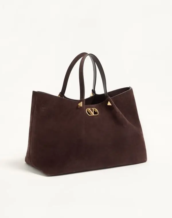 Valentino Garavani Large Shopping Bag In Soft Suede With Maxi Studs - Ebony
