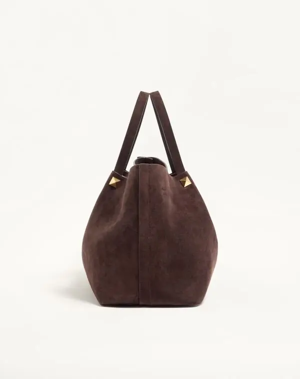 Valentino Garavani Large Shopping Bag In Soft Suede With Maxi Studs - Ebony