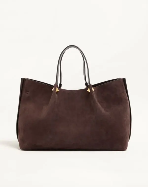 Valentino Garavani Large Shopping Bag In Soft Suede With Maxi Studs - Ebony