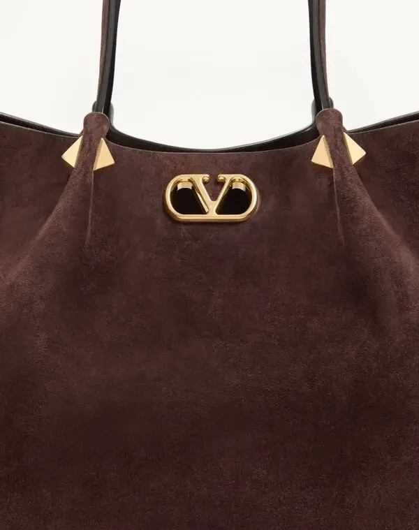 Valentino Garavani Large Shopping Bag In Soft Suede With Maxi Studs - Ebony